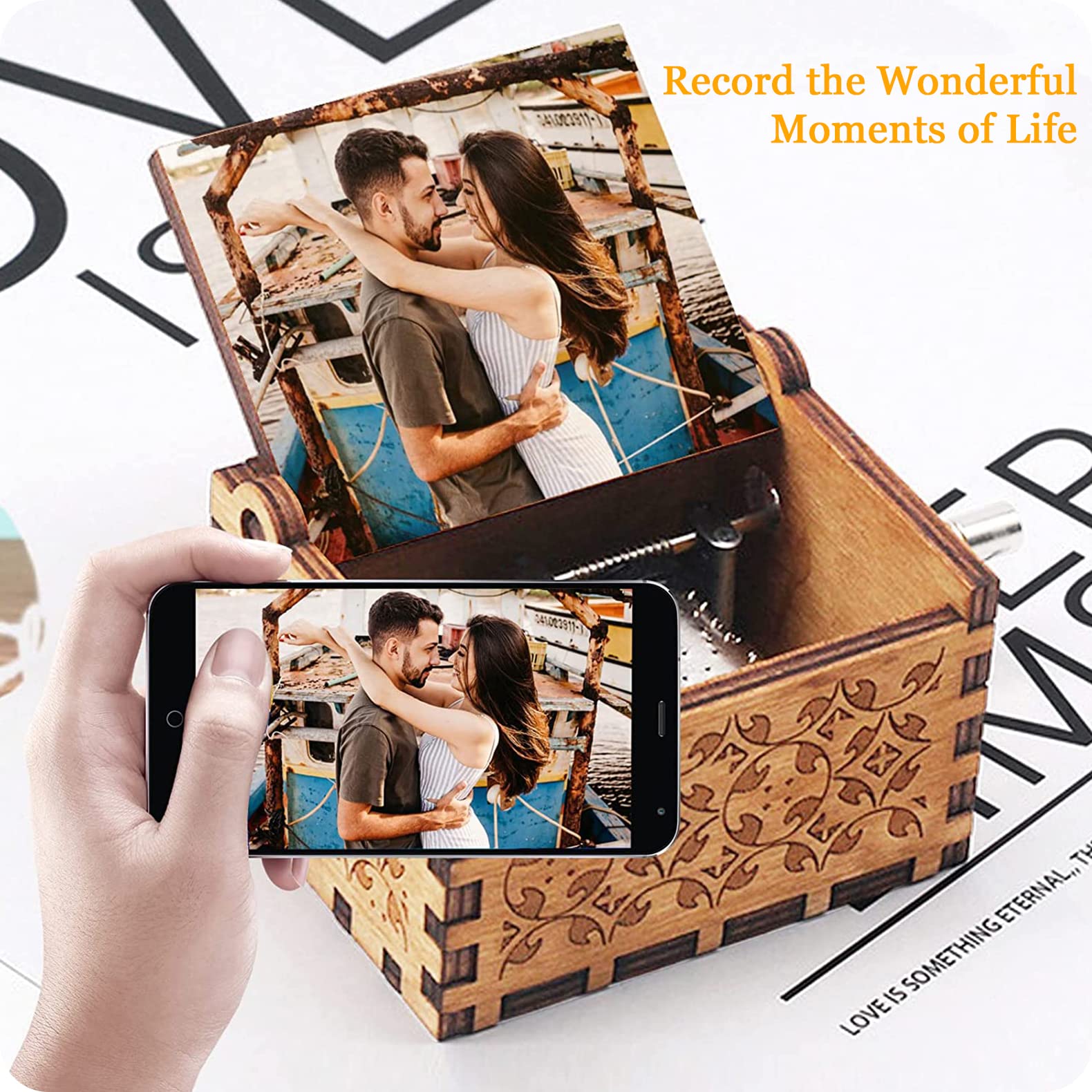 Personalized Music Box Custom Gift with Your Photo Text Wooden Hand Crank Music Box for Father's Day Mother's Day Valentine's Day Wedding Anniversary Birthday