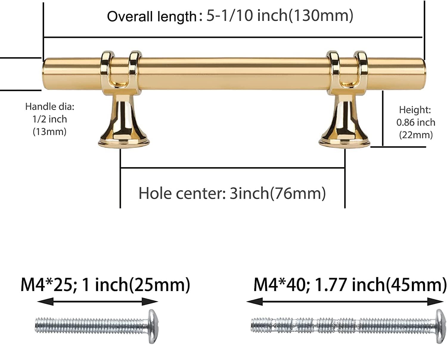 Haliwu 10 Pack Gold Cabinet Handles, Brushed Brass Pulls Kitchen Barrel Champagne Gold Pull Hardware, 3 inch Hole to Hole Center