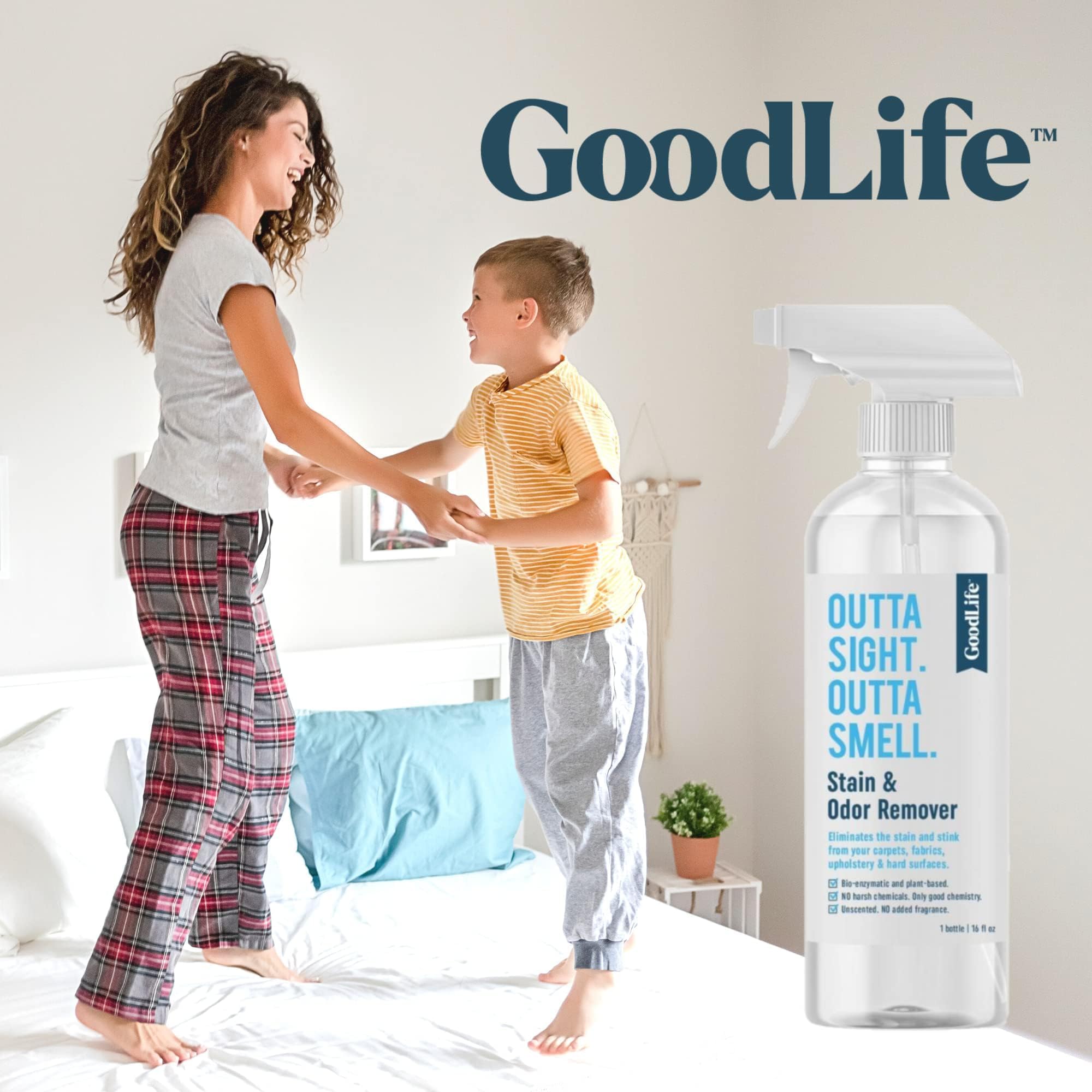 Good Life Solutions Natural Odor and Stain Remover Spray - Unscented Plant-Based Child and Pet Safe Cleaner Earth-Friendly Odor Eliminator Eco Cleaning Products for Home, Carpet, Upholstery 16 oz
