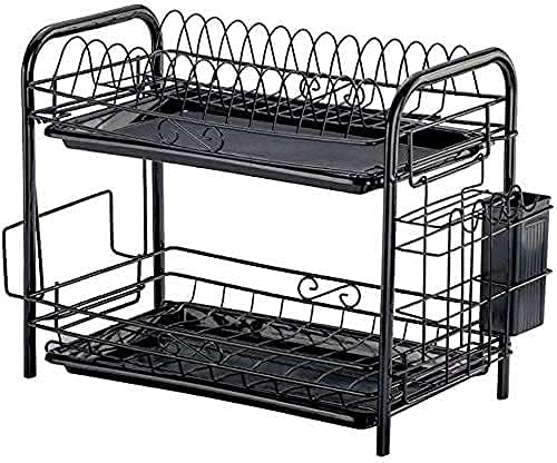 Plate Rack Dish Drainer Rack 2-Layer Chrome Kitchen Drainer Organizer with Utensil Holder/Drain Board/Cutting Board Bracket 2-Layers Pan Plate Holder (Color : Black, Size : 56x23x35cm)