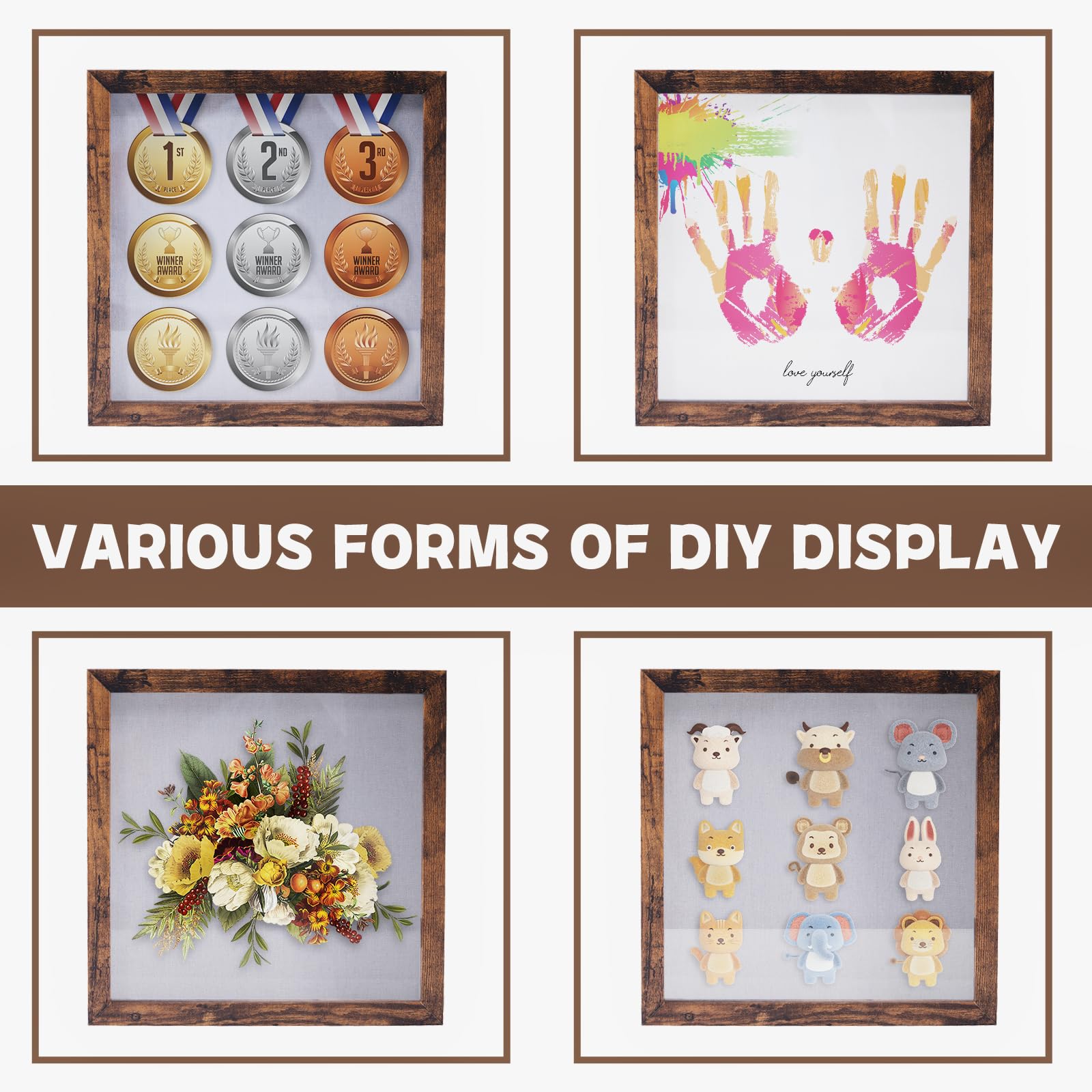 Muzilife 12x12 Shadow Box Picture Frame with Linen Board - Deep Wood & Glass Display Case to Hang Memory Box Baby Sports Memorabilia, Pins, Awards, Medals, Wedding, Tickets and Photos, Rustic Brown