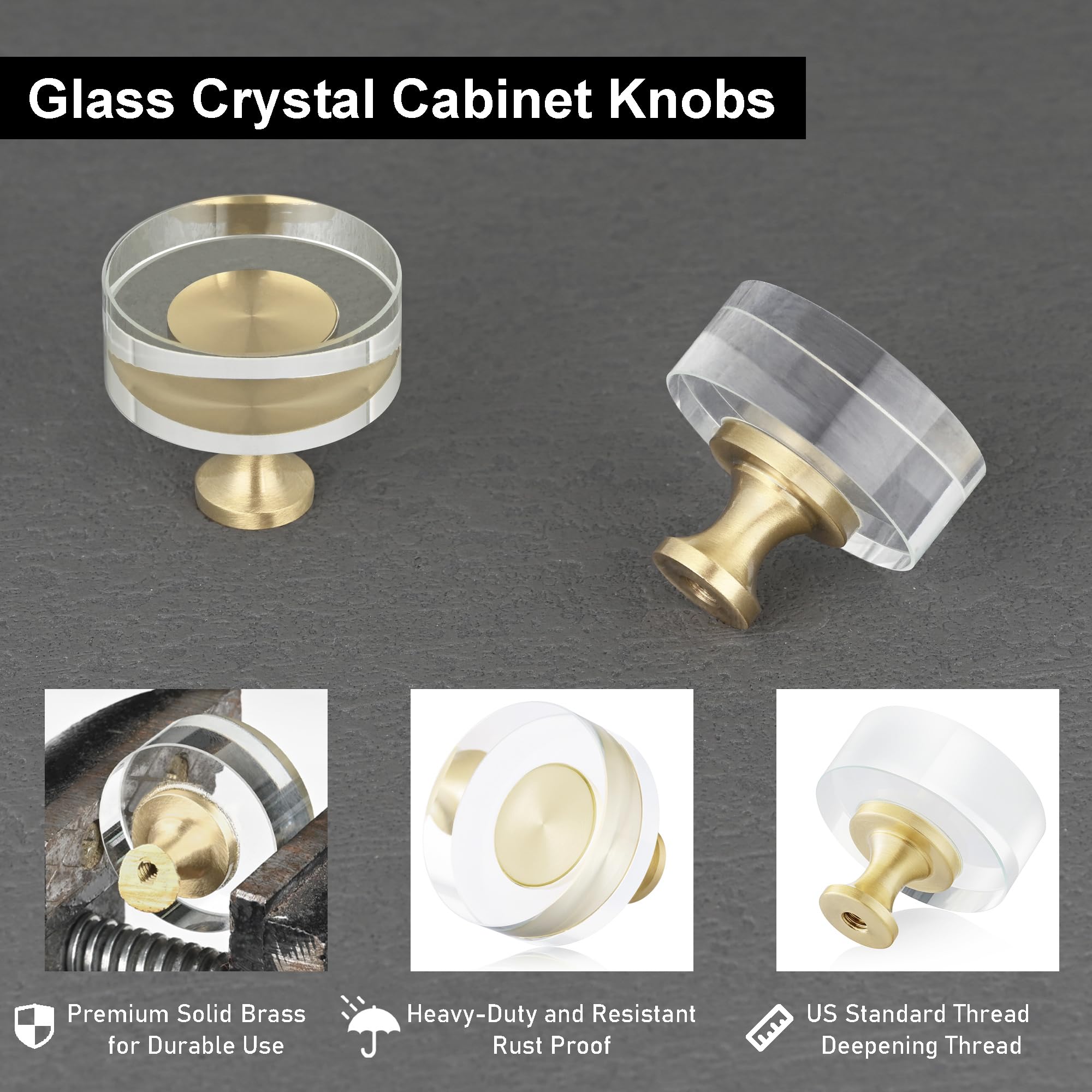 QOGRISUN 10-Pack Brass Crystal Cabinet Knobs,Glass Crystal Gold Drawer Knobs,1-1/4-Inch Round, Decorative Dresser Pulls, Modern Cabinet Hardware