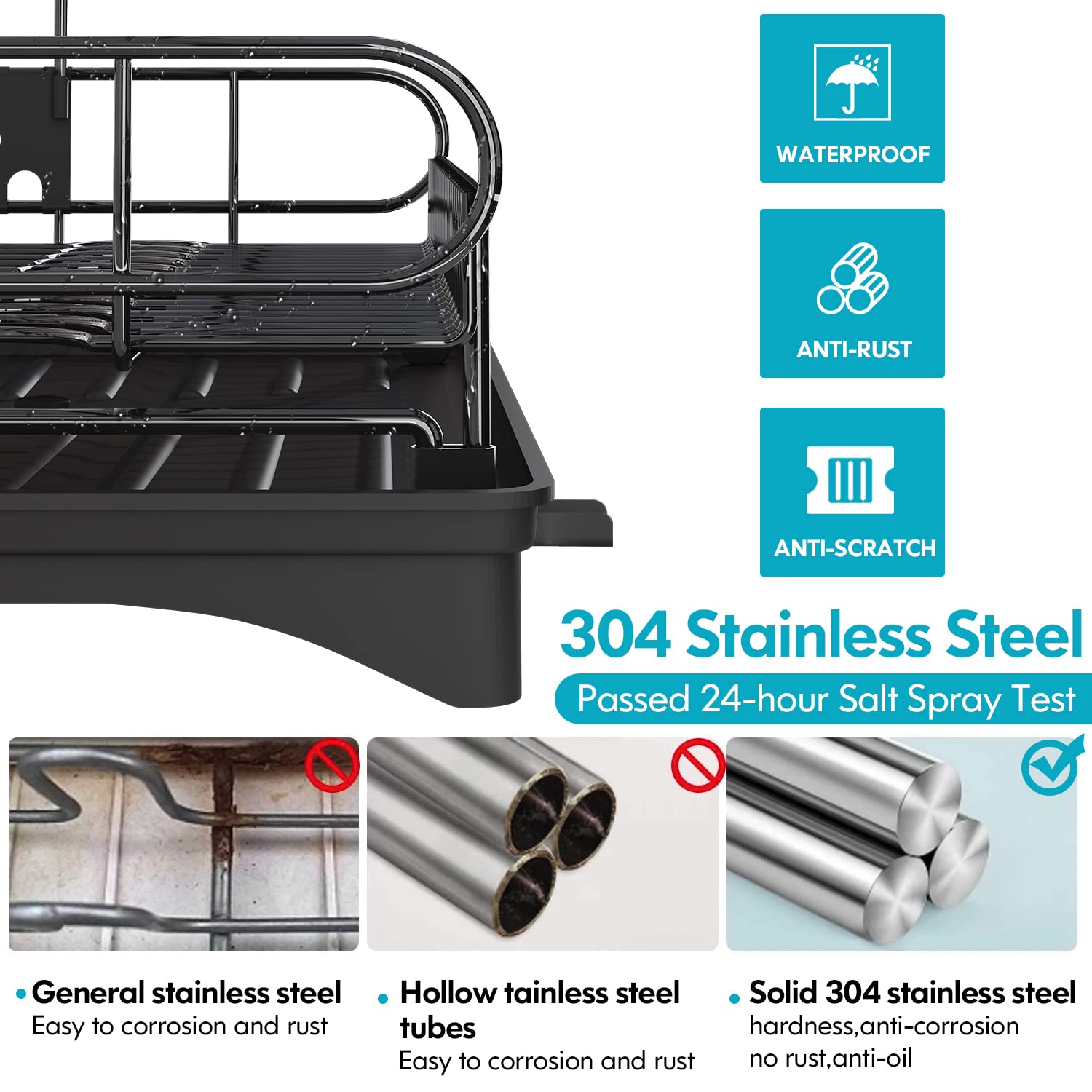 BOOSINY Dish Drying Rack for Kitchen Counter, 2 Tier Large Dish Drainer with Drainboard Set, Cutlery Holder, Cutting Board Holder and Extra Dryer Mat (Black - 304 Stainless Steel)
