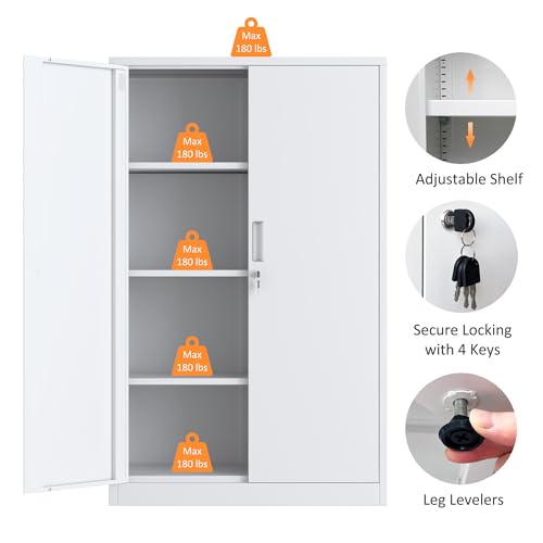 JINKUR Metal Storage Cabinet with Locking Doors and 3 Adjustable Shelves, 53.5-Inch Lockable Storage Cabinets for Home Office Garage Kitchen Pantry (White)