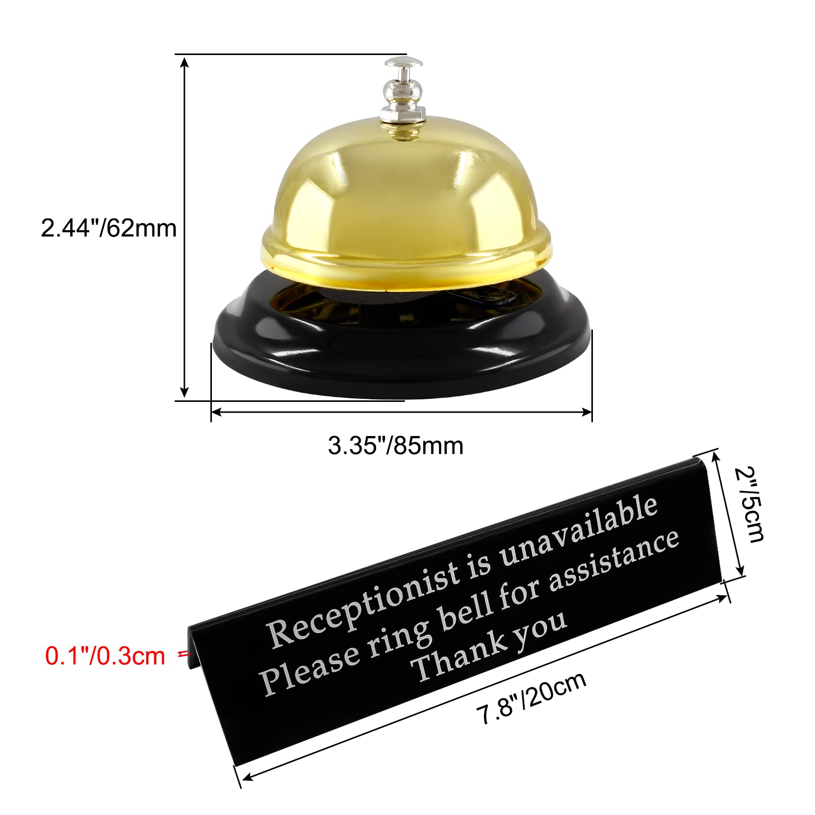 BokWin 1 Set Front Counter Bell Metal Call Bell Desk Service Dinner Bell with Double-Side Sign for Hotel Kitchen Restaurants Office Hospital(Gold)