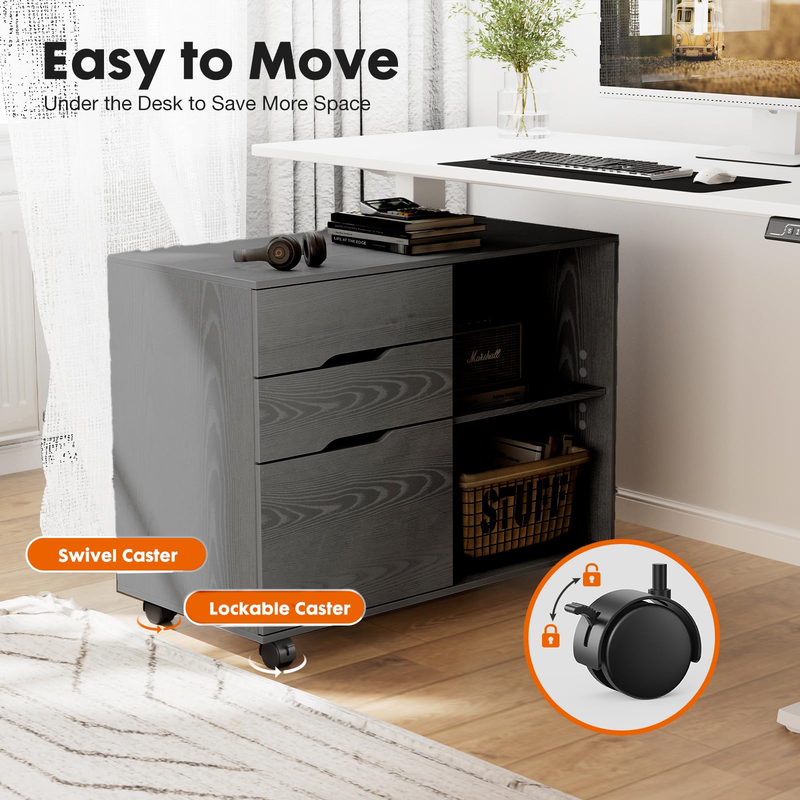 Sweetcrispy Filing Cabinet 3-Drawer File Cabinets Printer Stand for Home Office Mobile Vertical Storage Cabinet Under Desk Wood Organizers with Open Storage Shelves for Kids Room, Small Space