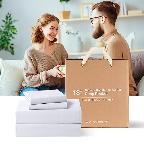 EASELAND Queen Cotton Sheet Set, 400TC, Deep Pocket, 4 Piece, White