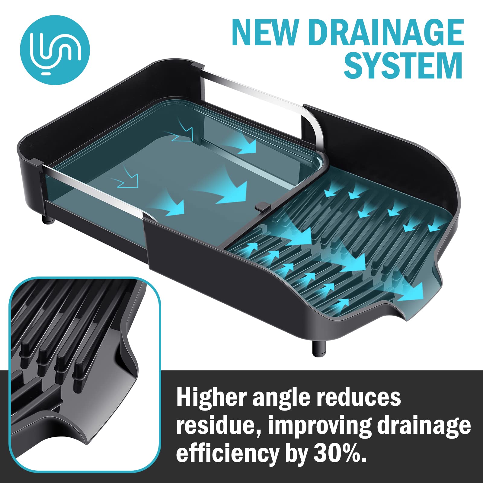 TOOLF Extendable Dish Drying Rack, Dual Part Dish Drying Rack, Adjustable Dish Drainers for Kitchen - Non-Scratch and Movable Cutlery Drainer and Drainage Spout Included, 1 Piece, Black