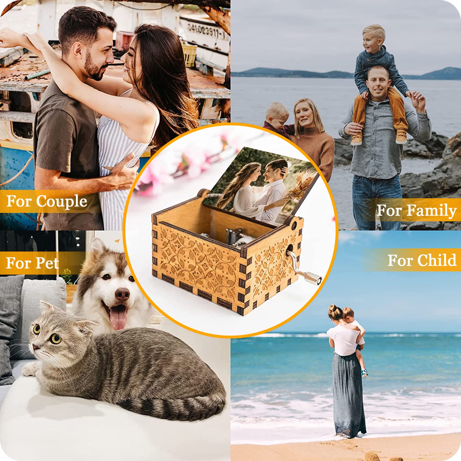 Personalized Music Box Custom Gift with Your Photo Text Wooden Hand Crank Music Box for Father's Day Mother's Day Valentine's Day Wedding Anniversary Birthday