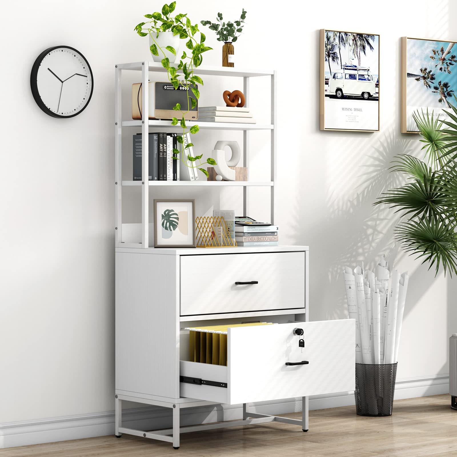 Jehiatek File Cabinets for Home Office with Lock 2 Drawer, Large Vertical Filing Cabinet with Bookshelf, Sturdy, Durable, Easy to Assemble and Clean (White), 25.59'D x 15.75'W x 62'H