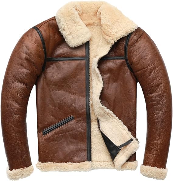 Men's Brown Classic Genuine Sheepskin Bomber Jacket - Embrace Winter Warmth in Military Aviator Style (US, Alpha, Large, Regular, Regular)
