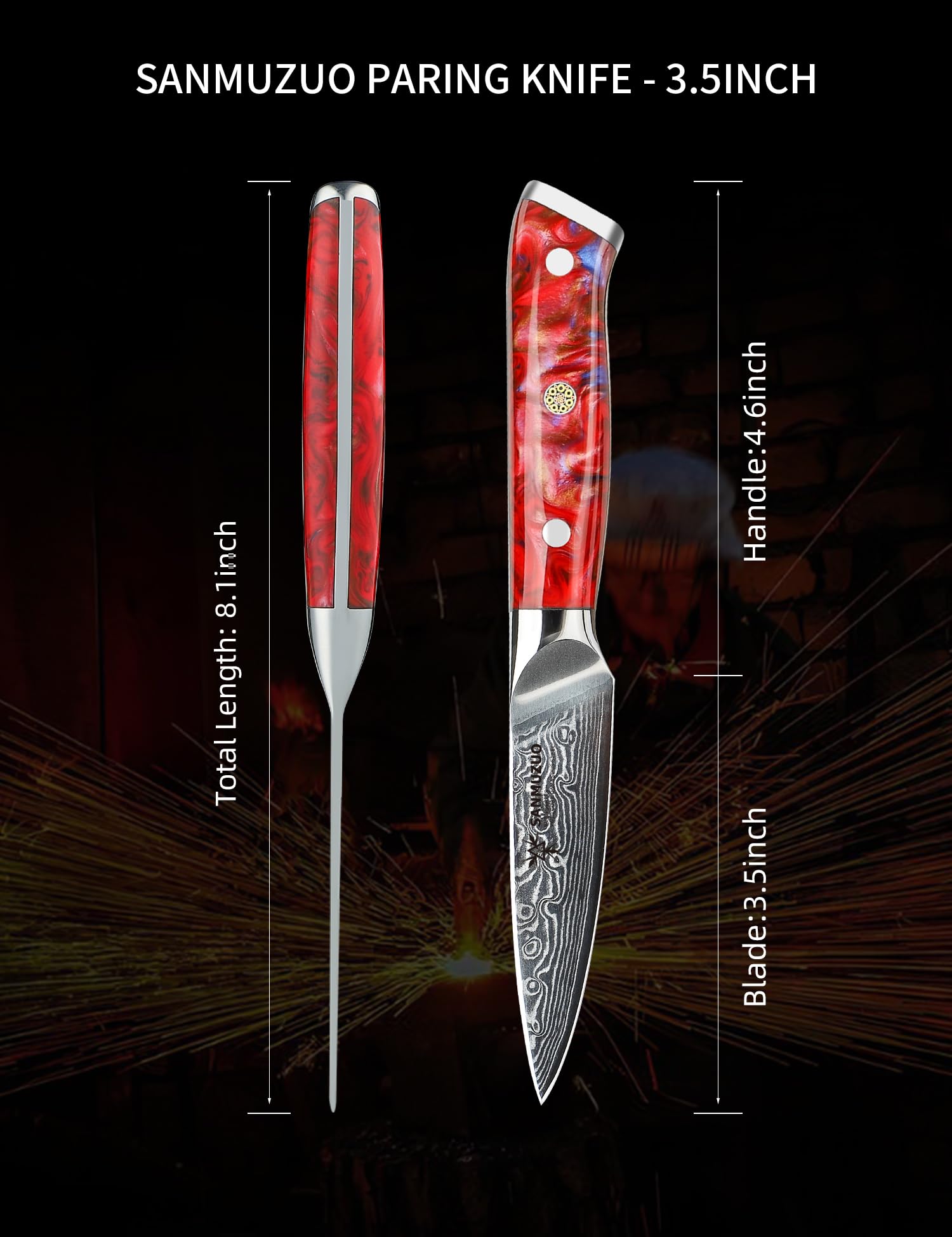 SANMUZUO 3.5 Inch Paring Knife - Kitchen Fruit Vegetable Knife Damascus Steel & Resin Handle - Xuan Series (Sunset Red)