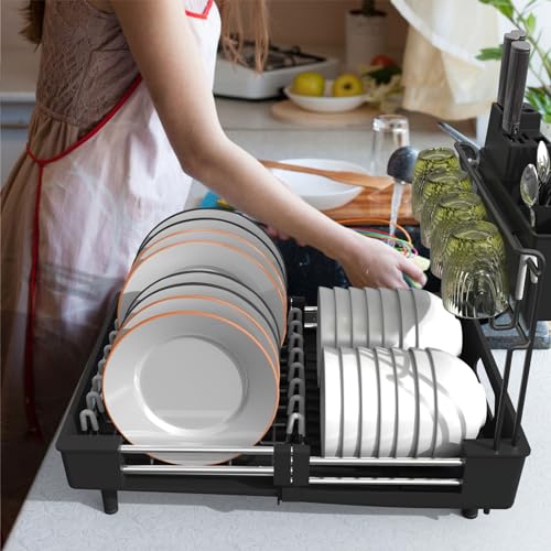 Ollieroo Dish Drying Rack, Rustproof Dish Racks for Kitchen Counter with Removable Utensil Holder,Knife Slots and Cups Holder,Large Capacity Drying Rack for Storage Plates Bowls Cups Utensil(Black)