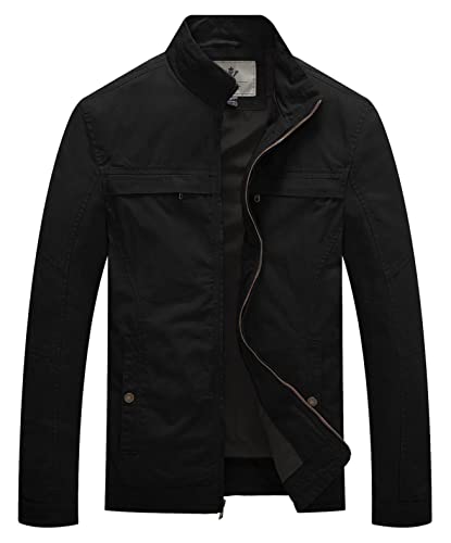 WenVen Men's Casual Lined Military Jacket Light Canvas Windbreaker (Black, M)