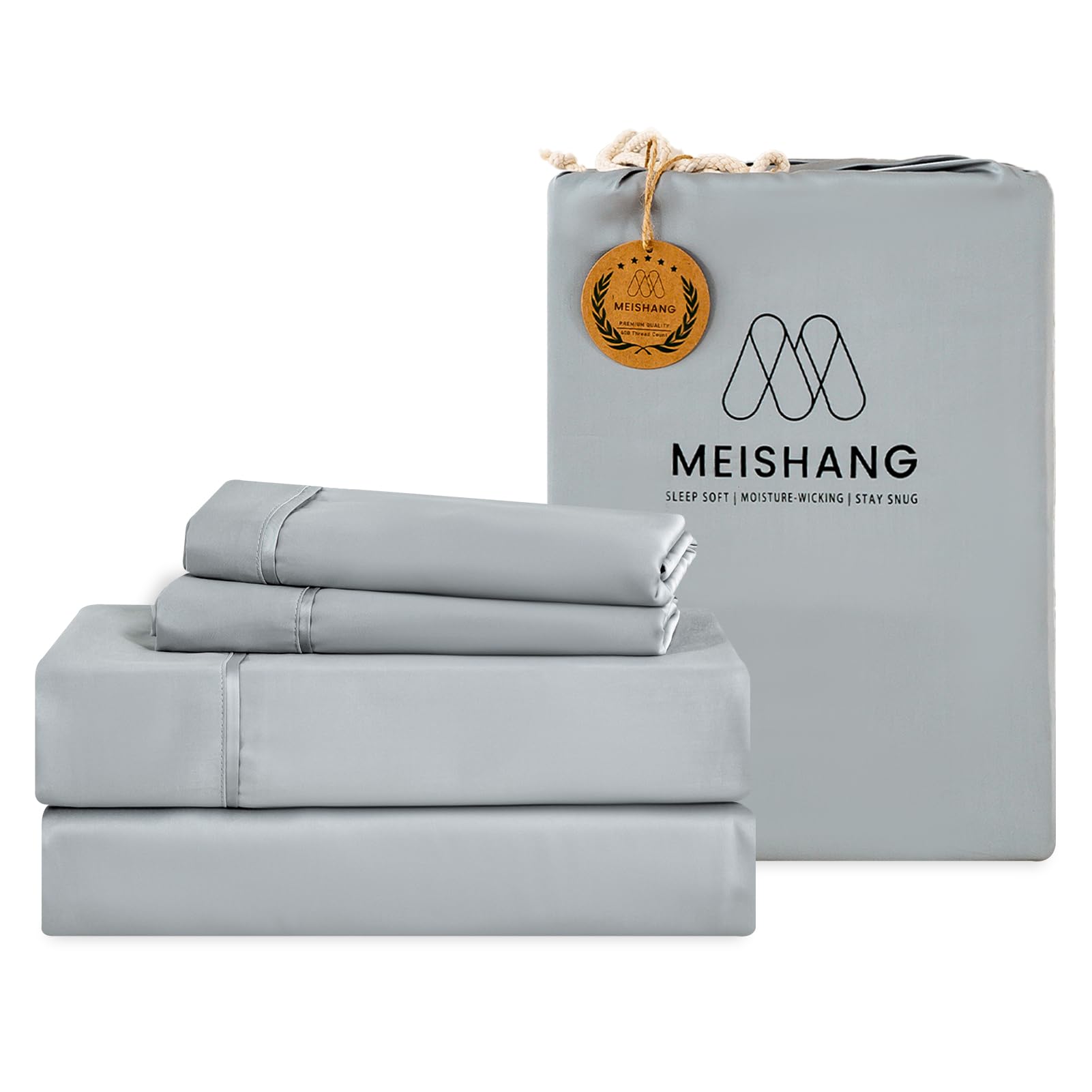MEISHANG Bamboo Viscose Sheets King Size - 100% Organic Viscose,400TC Cooling Luxury Sheet Set with 16" Deep Pockets - 4 Pieces(Light Grey)