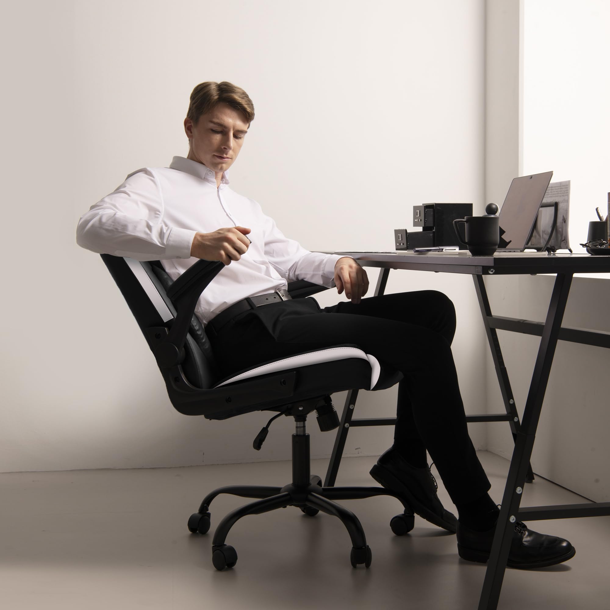 NEO CHAIR Office Chair Adjustable Desk Chair Mid Back Executive Comfortable PU Leather Ergonomic Gaming Back Support Home Computer with Flip-up Armrest Swivel Wheels (Black)
