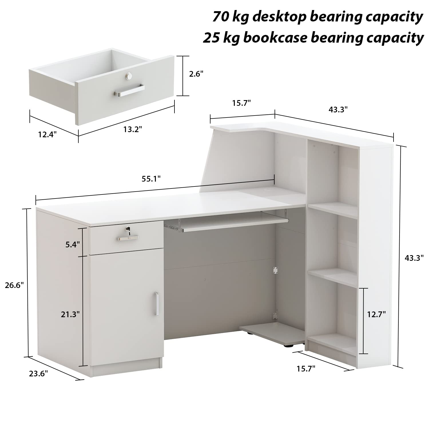 AIEGLE Reception Desk with Hutch, Reception Counter Desk with Lockable Drawers & Shelves, for Salon Recetion Room Retail Counter Checkout Office, White (55.1" W x 43.3" D x 43.3" H)