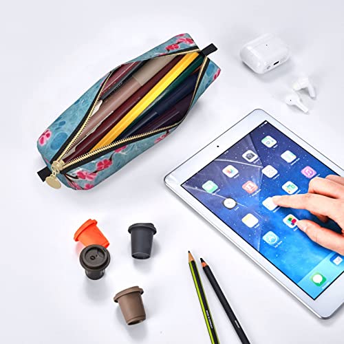 Cherry Blossom Sakura Leather Pencil Case Bag with Zipper Women Makeup Bag Durable Portable Suitable for School Work and Office 8.3 x 2.2 In