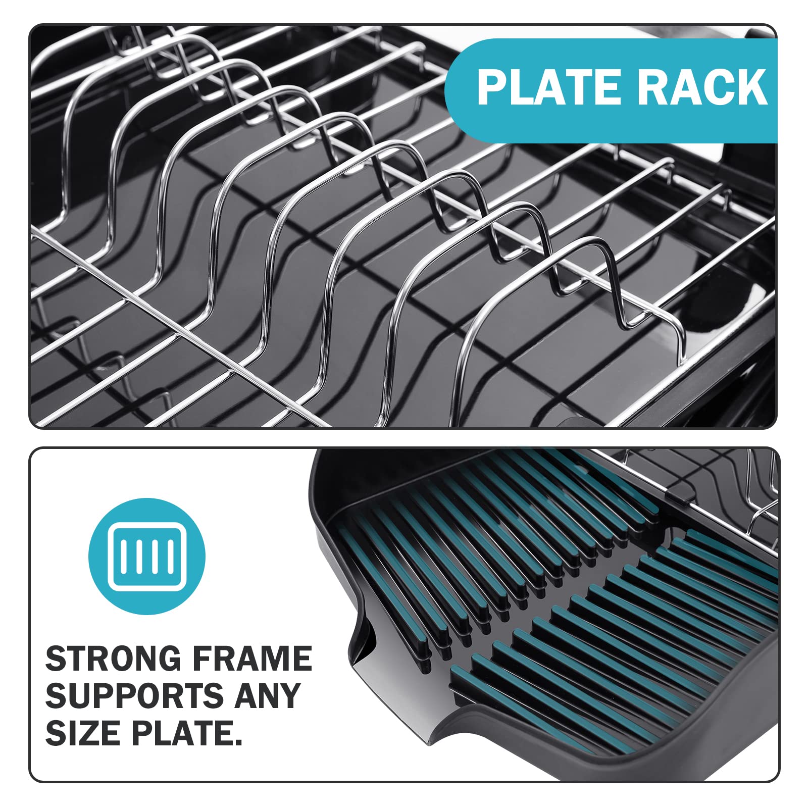 TOOLF Extendable Dish Drying Rack, Dual Part Dish Drying Rack, Adjustable Dish Drainers for Kitchen - Non-Scratch and Movable Cutlery Drainer and Drainage Spout Included, 1 Piece, Black