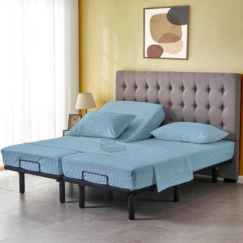 5 Piece Split California King Sheets Sets for Adjustable beds- 400 TC 100% Cotton(Light Blue Stripe)