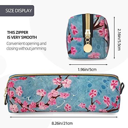 Cherry Blossom Sakura Leather Pencil Case Bag with Zipper Women Makeup Bag Durable Portable Suitable for School Work and Office 8.3 x 2.2 In