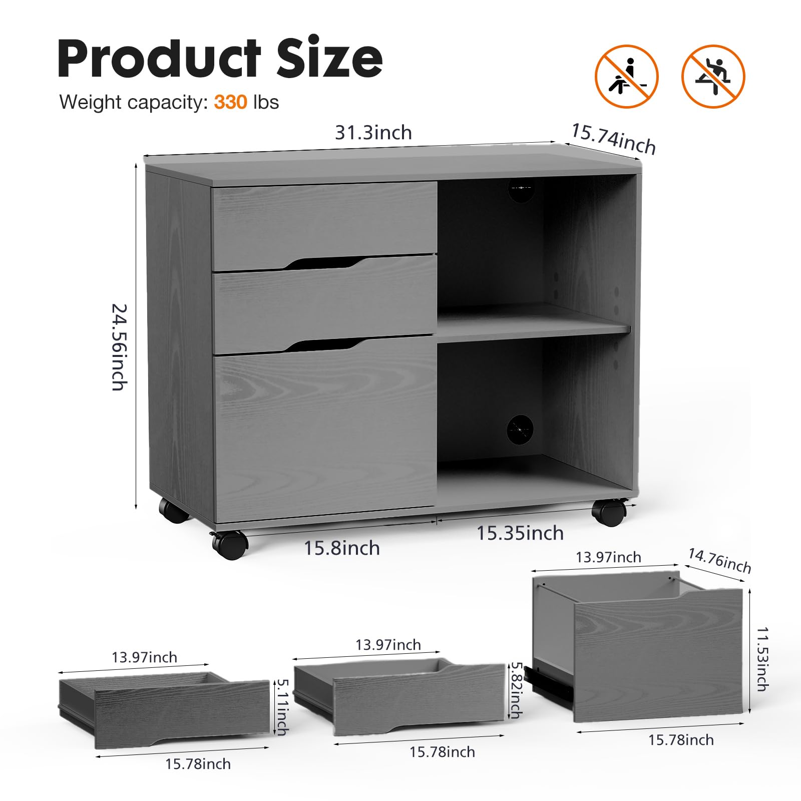 Sweetcrispy Filing Cabinet 3-Drawer File Cabinets Printer Stand for Home Office Mobile Vertical Storage Cabinet Under Desk Wood Organizers with Open Storage Shelves for Kids Room, Small Space