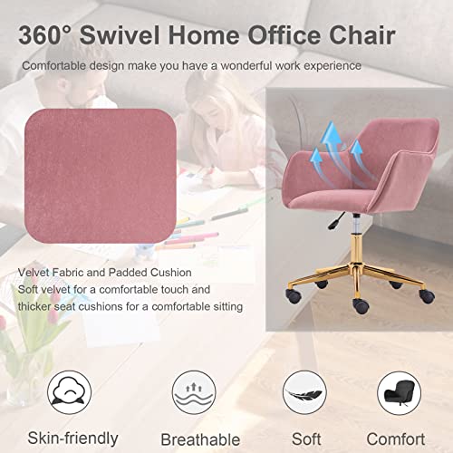 Yoluckea Modern Velvet Swivel Office Chair, Adjustable Height, Ergonomic Design, Cute Desk Chair for Home Office, Pink