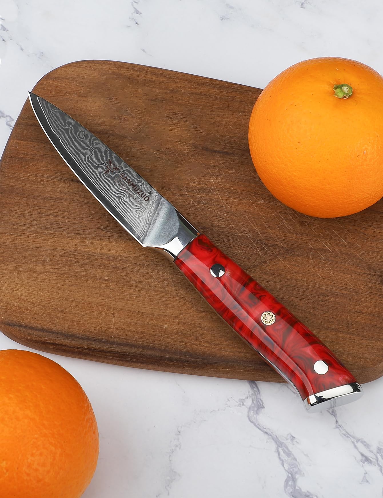 SANMUZUO 3.5 Inch Paring Knife - Kitchen Fruit Vegetable Knife Damascus Steel & Resin Handle - Xuan Series (Sunset Red)