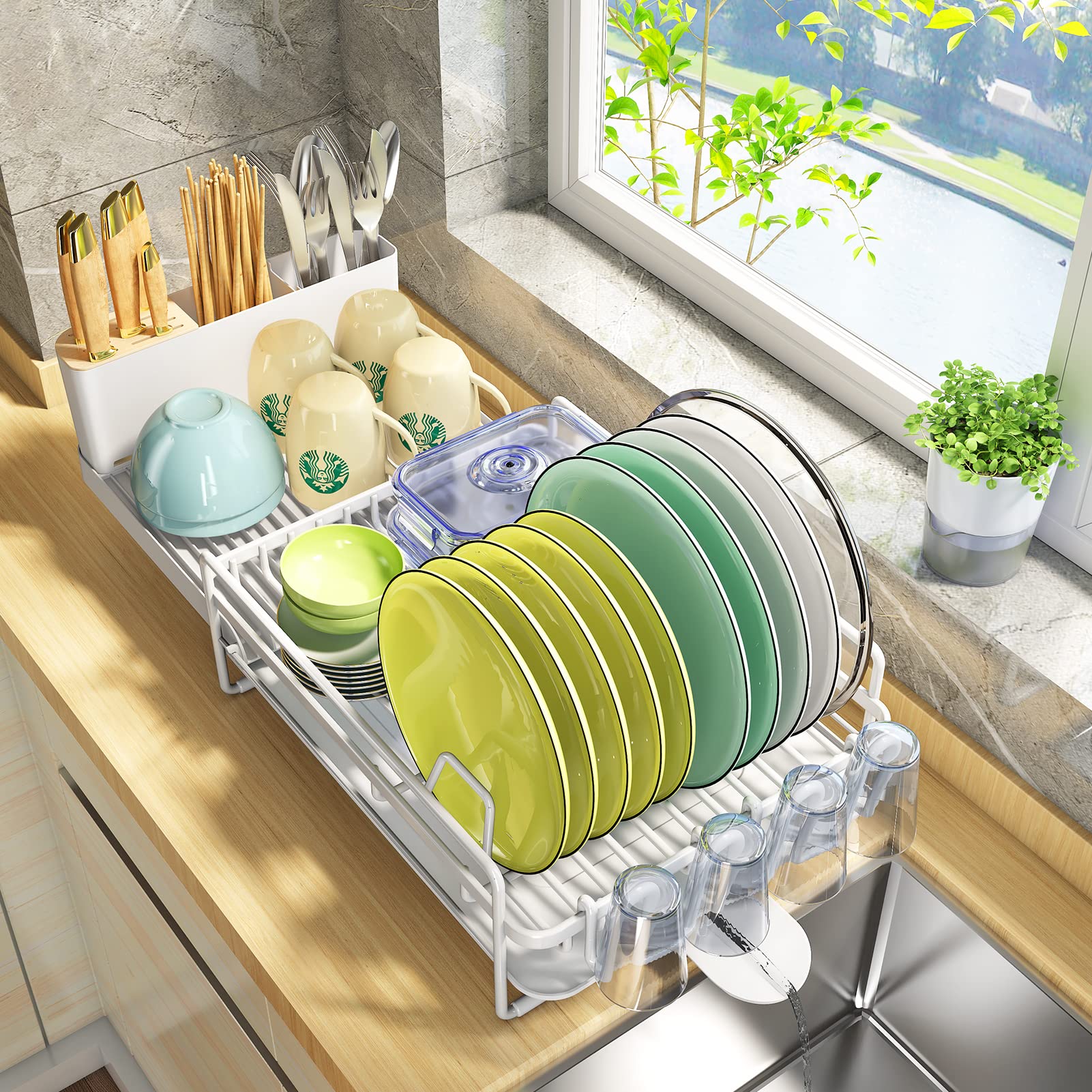 PXRACK Dish Drying Rack, Expandable(19.1"-26.9") Large Capacity Dish Rack and Drainboard Set, Stainless Steel Dish Drainers with Utensil Holder for Kitchen Counter, White