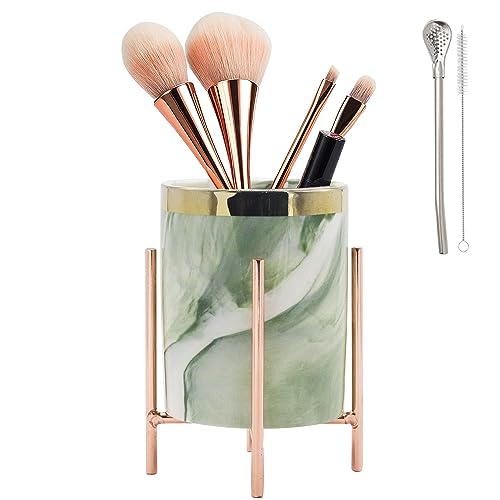 Urcura Ceramic Pencil Holder for Desk Cute Pencil Pen Holder Desk Decor Aesthetic for Office, School, Home Makeup Brush Holder Cup Marble Pen Cup Pen Organizer (Green)