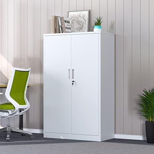 JINKUR Metal Storage Cabinet with Locking Doors and 3 Adjustable Shelves, 53.5-Inch Lockable Storage Cabinets for Home Office Garage Kitchen Pantry (White)