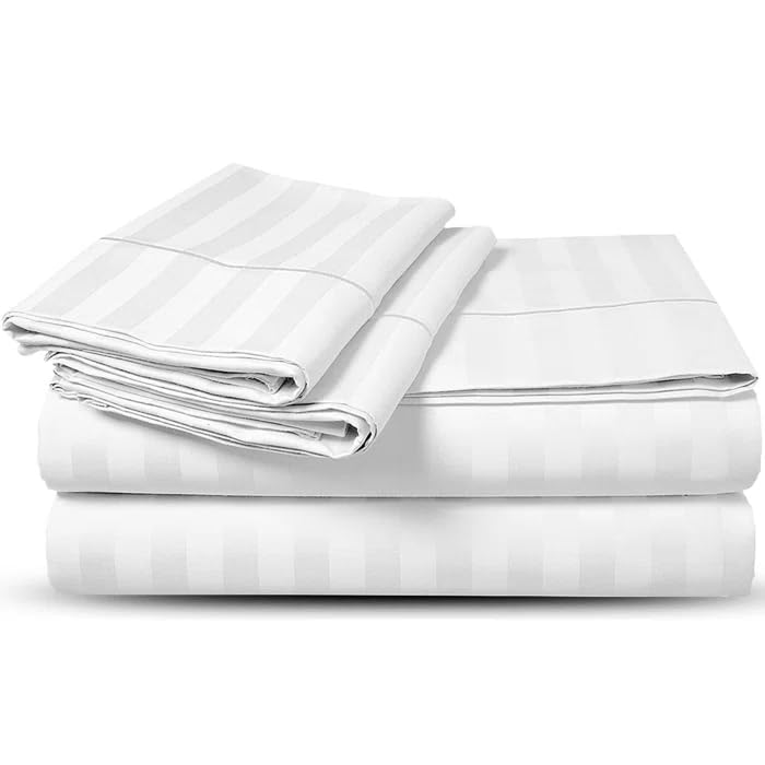 RUMICAFeb 400TC Queen Size Sheet Set - 100% Egyptian Cotton Cooling - Hotel Luxury Bed Sheets - Extra Soft - Upto 10"-12" Deep Pockets - Easy Fit - 4PC White Stripe Bed Sheets - Queen Sheets