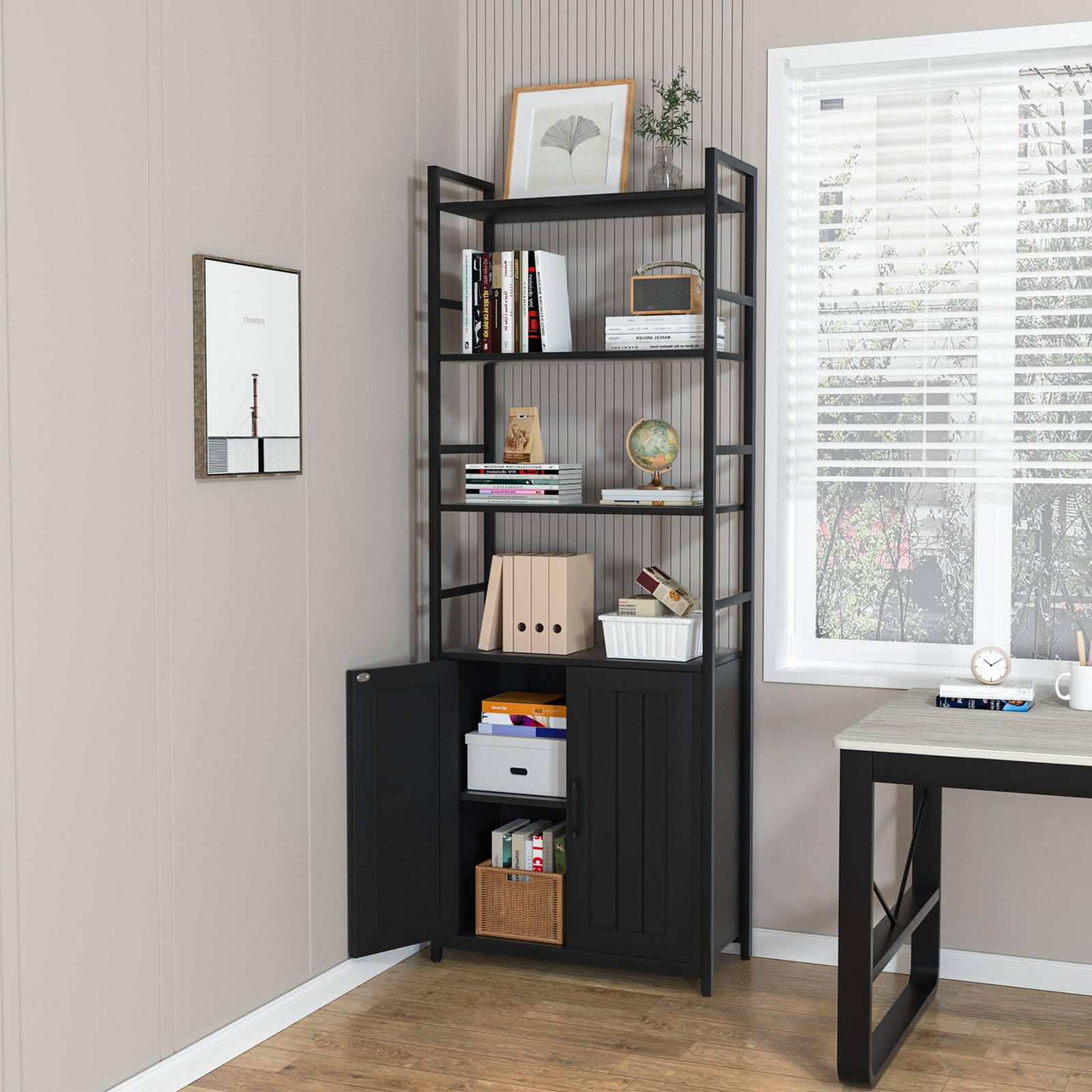 Lazyvan Black Bookshelf with Doors,70" Tall Bookcase with Storage Cabinet,6 Tier Book Shelf for Living Room/Bedroom/Office/Kitchen,70"(H)*26"(L)*11.8"(W)