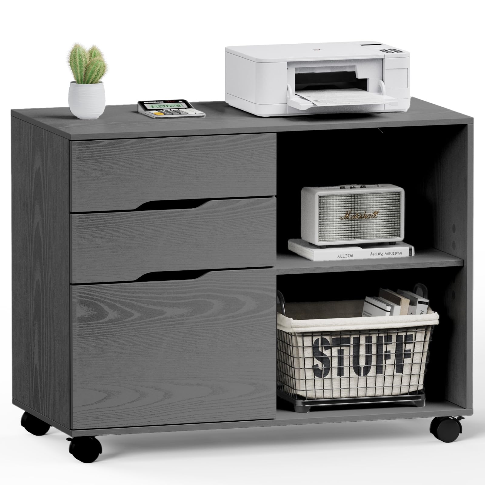 Sweetcrispy Filing Cabinet 3-Drawer File Cabinets Printer Stand for Home Office Mobile Vertical Storage Cabinet Under Desk Wood Organizers with Open Storage Shelves for Kids Room, Small Space