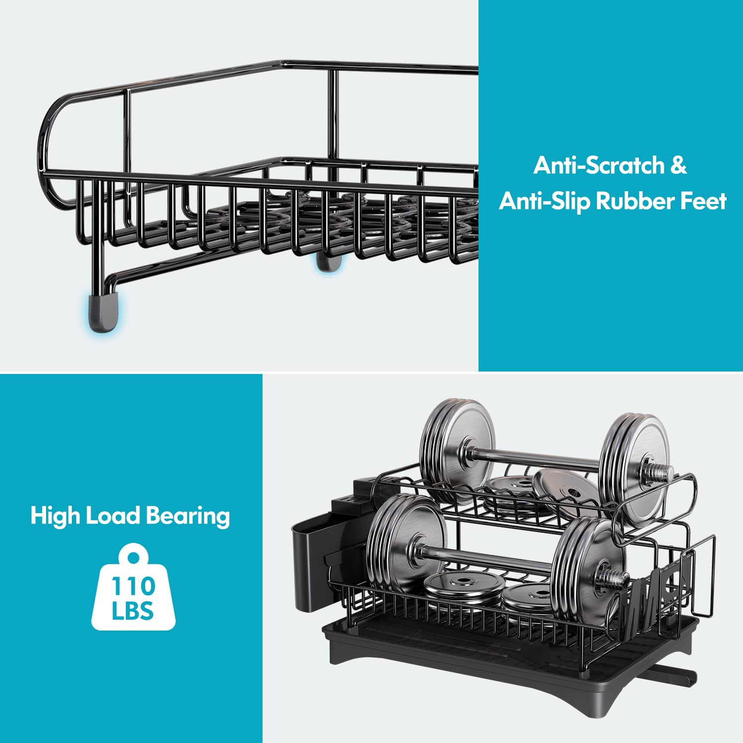 BOOSINY Dish Drying Rack for Kitchen Counter, 2 Tier Large Dish Drainer with Drainboard Set, Cutlery Holder, Cutting Board Holder and Extra Dryer Mat (Black - 304 Stainless Steel)