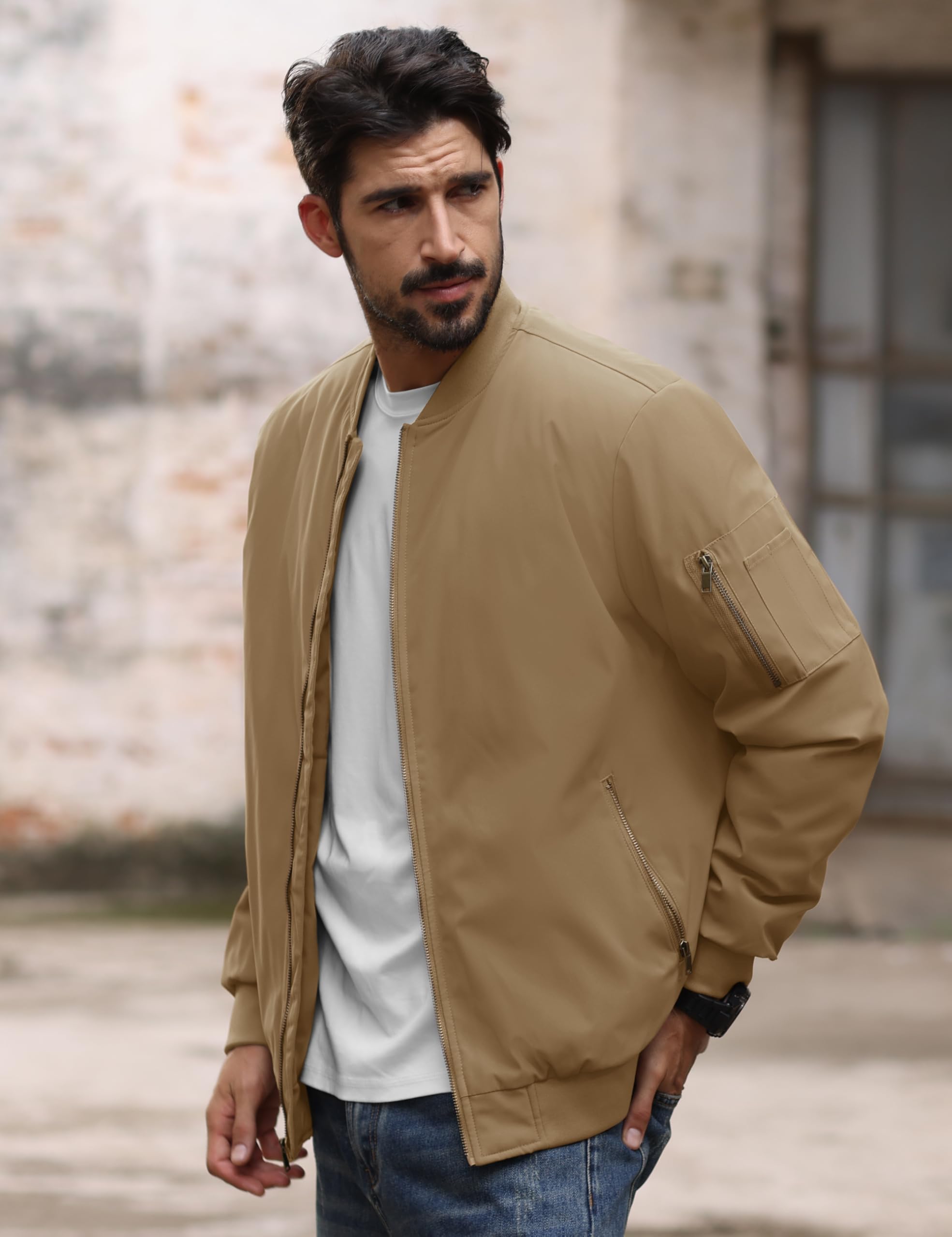 MAGCOMSEN Mens Bomber Jacket Fall Quilted Lining Lined Warm Jacket Full Zip Work Jackets Winter Casual Jacket Khaki XL