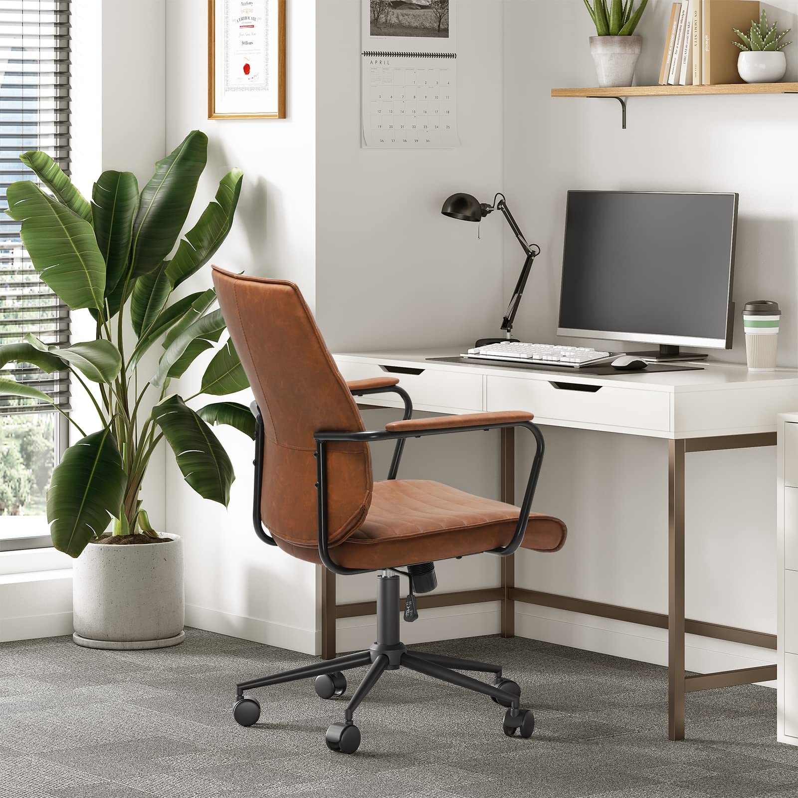 Brown Leather Office Chair, Ergonomic Mid-Back Executive Conference Task Chair, Ribbed Height Adjustable Swivel Rolling Chair for Home Office (Brown)