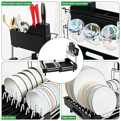 Ollieroo Dish Drying Rack, Rustproof Dish Racks for Kitchen Counter with Removable Utensil Holder,Knife Slots and Cups Holder,Large Capacity Drying Rack for Storage Plates Bowls Cups Utensil(Black)