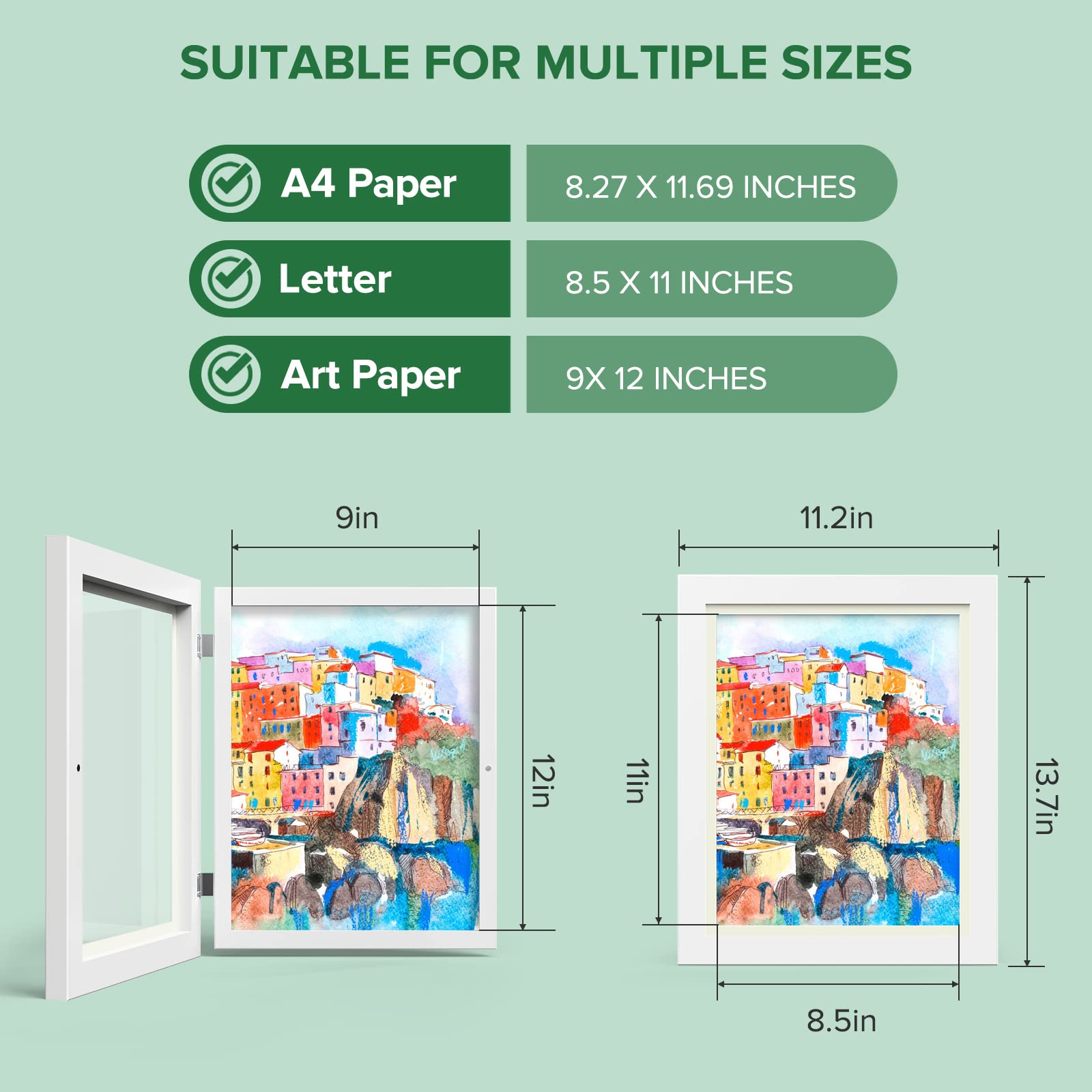 Hsypti Kids Art Frame, White, 8.5 x 11 inches (with Mat), 9 x 12 inches (without Mat), Modern, Plastic, Single Picture Frame, Rectangular, Space Theme, Easy Picture Change, Wall Mount or Tabletop