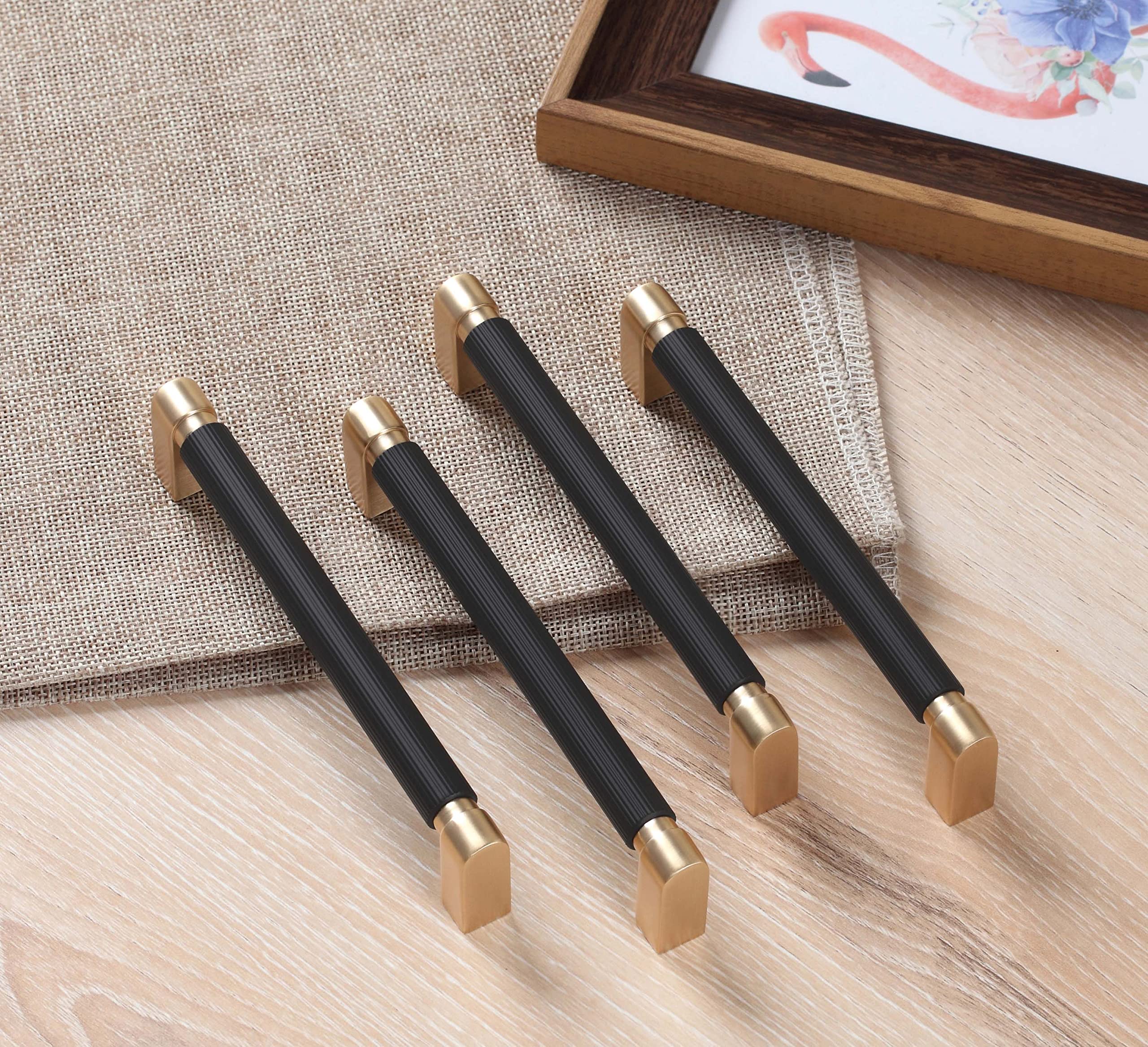CILEYTION 10 Pack Black and Gold Door Handles, 5 Inch Hole Centers Gold Cabinet Handles, Gold Dresser Handles and Kitchen Cabinet Hardware