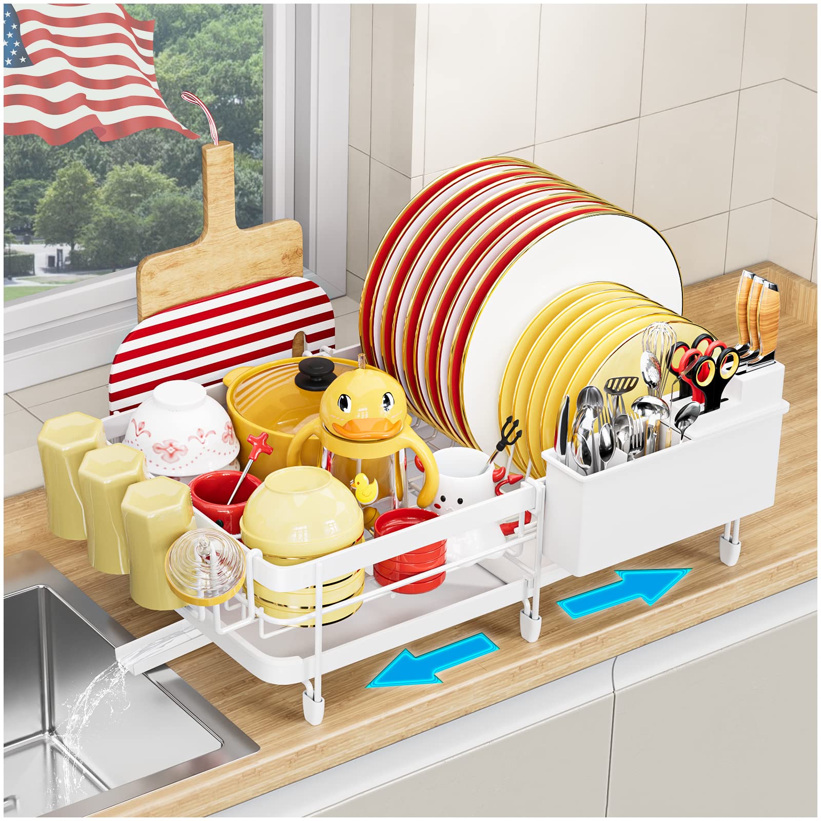 YKLSLH Expandable Dish Drying Rack Dish Racks for Kitchen Counter, Space Saving Dish Rack,Durable Kitchen Drying Rack with Drainboard, Glass Holder, Utensil Holder - White