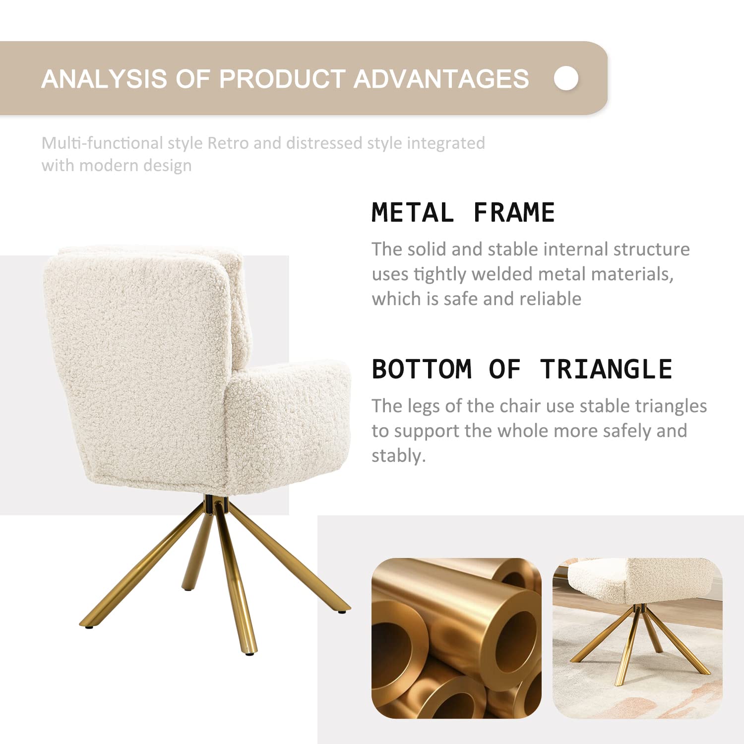 Ugijei Teddy Office Desk Chair No Wheels, Modern Vanity Chair with Gold Legs