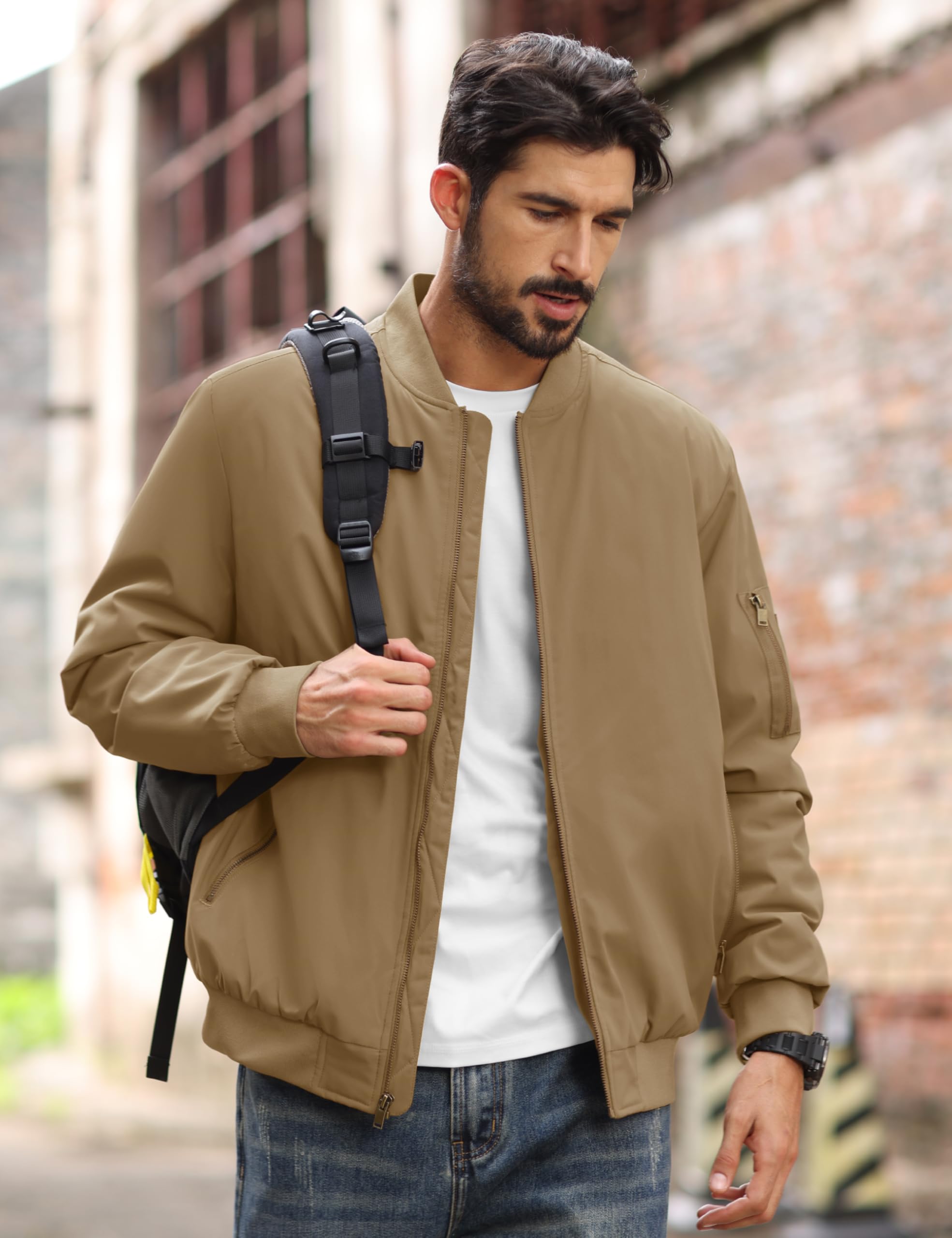 MAGCOMSEN Mens Bomber Jacket Fall Quilted Lining Lined Warm Jacket Full Zip Work Jackets Winter Casual Jacket Khaki XL