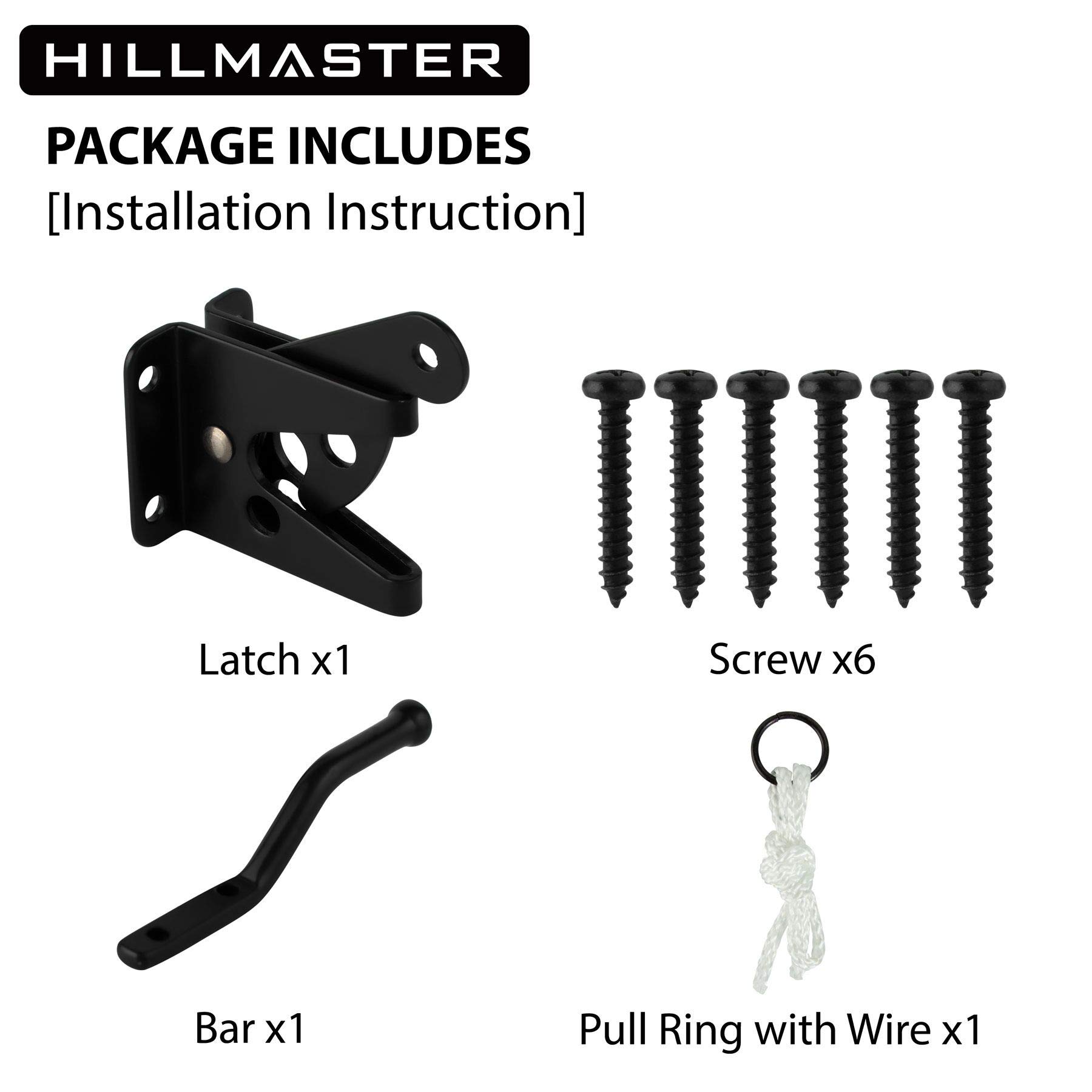 HILLMASTER Upgrade Self-Locking Gate Latch for Wooden Fence Heavy Duty, Automatic Gravity Lever Door Latches with Longer Fasteners & Pull String for Secure Pool, Garden, Black Finish/4.7in