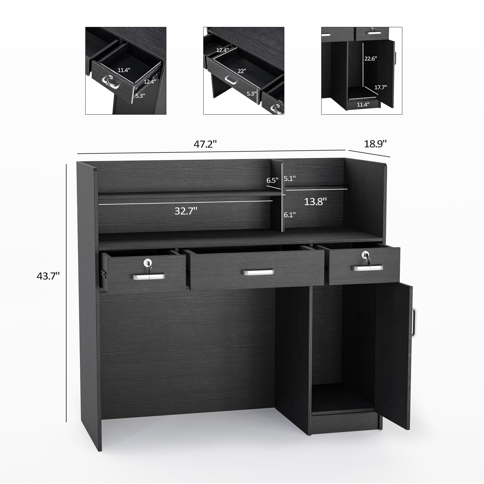 LEADZM H-Shaped Reception Desk with Counter, Front Desk with Lockable Drawers & Adjustable Shelf, Retail Checkout Counter for Beauty Salon Office (Black)