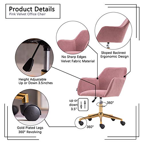 Yoluckea Modern Velvet Swivel Office Chair, Adjustable Height, Ergonomic Design, Cute Desk Chair for Home Office, Pink