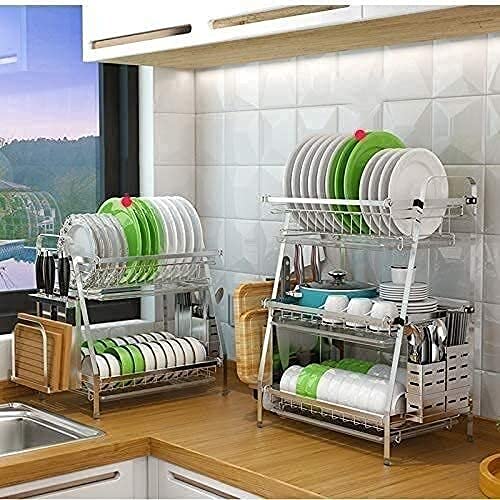 Plate Rack Dish Drainer Rack Kitchen Supplies Storage Draining with Chopsticks/Knives/Cutting Board Holder Drainboard Pan Plate Holder (Color : Silver, Size : 3-Tier)