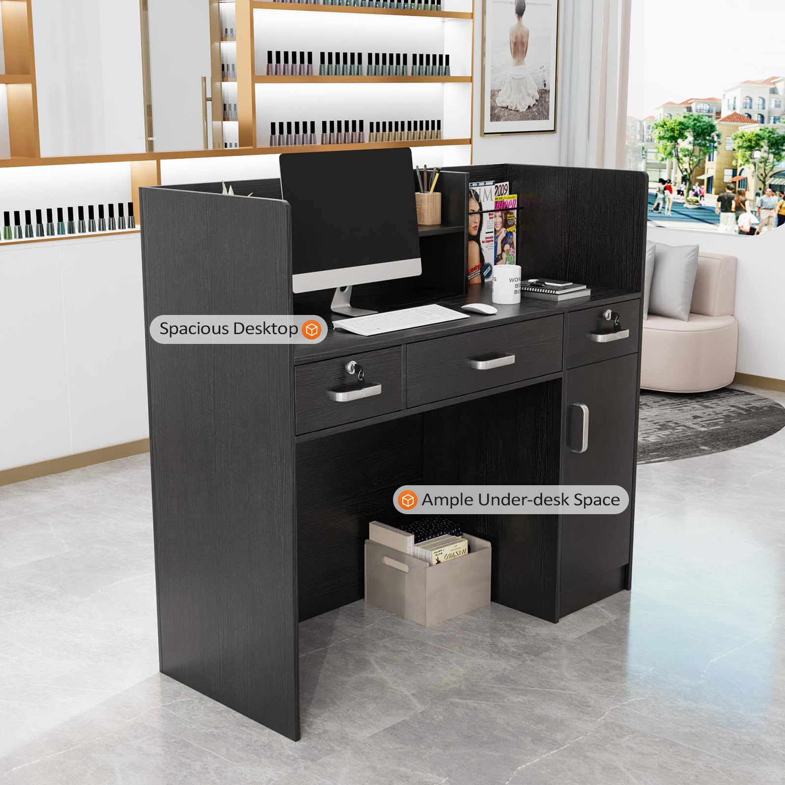 LEADZM H-Shaped Reception Desk with Counter, Front Desk with Lockable Drawers & Adjustable Shelf, Retail Checkout Counter for Beauty Salon Office (Black)
