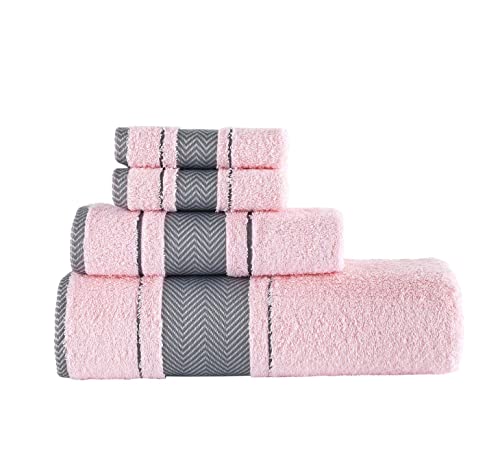 Kafthan Fishbone Soft & Absorbent Turkish Cotton Bathroom Towel Set with Bath Towel, Face/Hand/Hair Towel & Washcloth - Thick, Quick Dry Towels for Shower - Pink, Set of 4