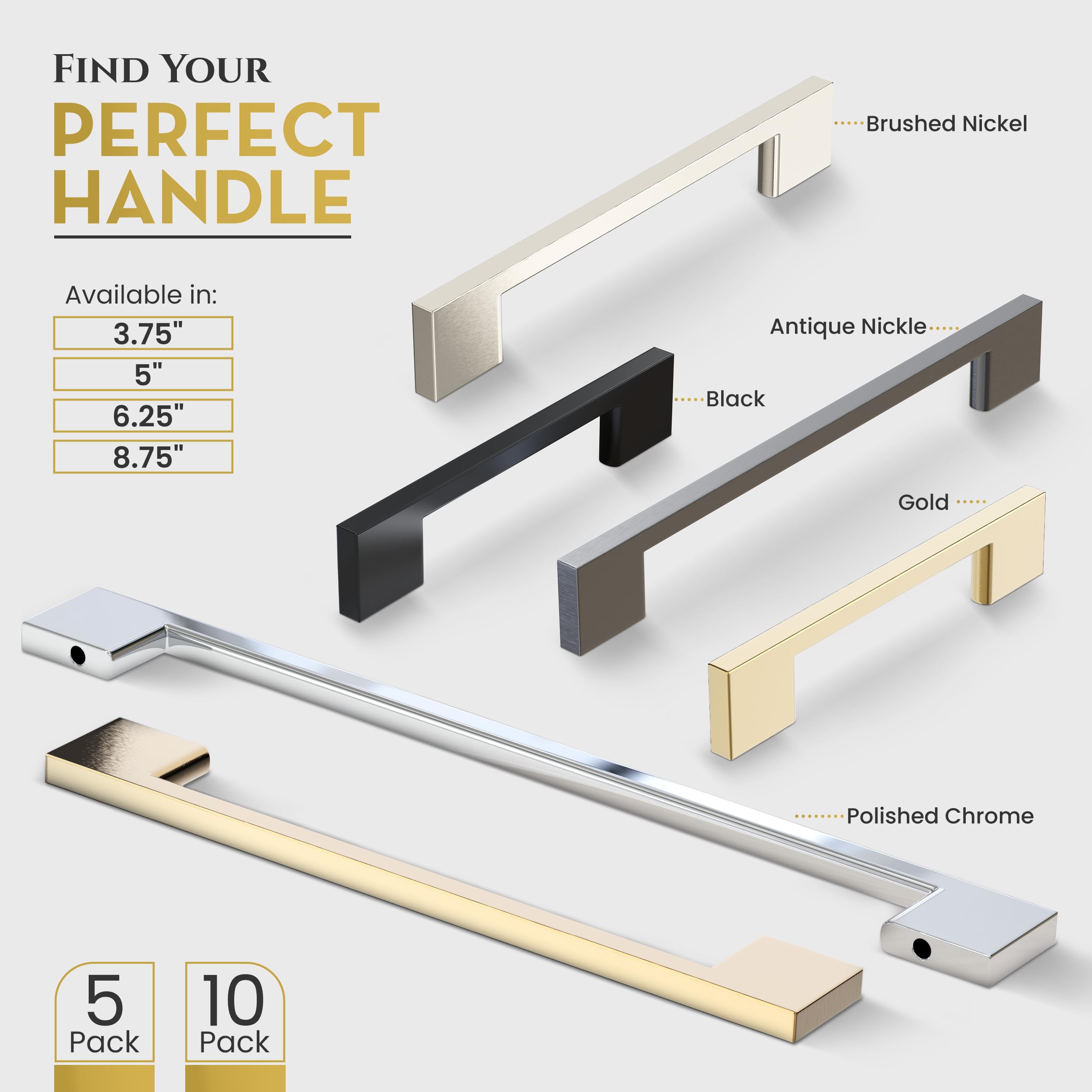 Southern Hills 5pc Brushed Gold Cabinet Pulls - 8.75" (224mm) Screw Spaced Gold Pulls for Cabinets and Drawers, Dresser, Gold Hardware for Cabinets, Kitchen Cabinet Handles